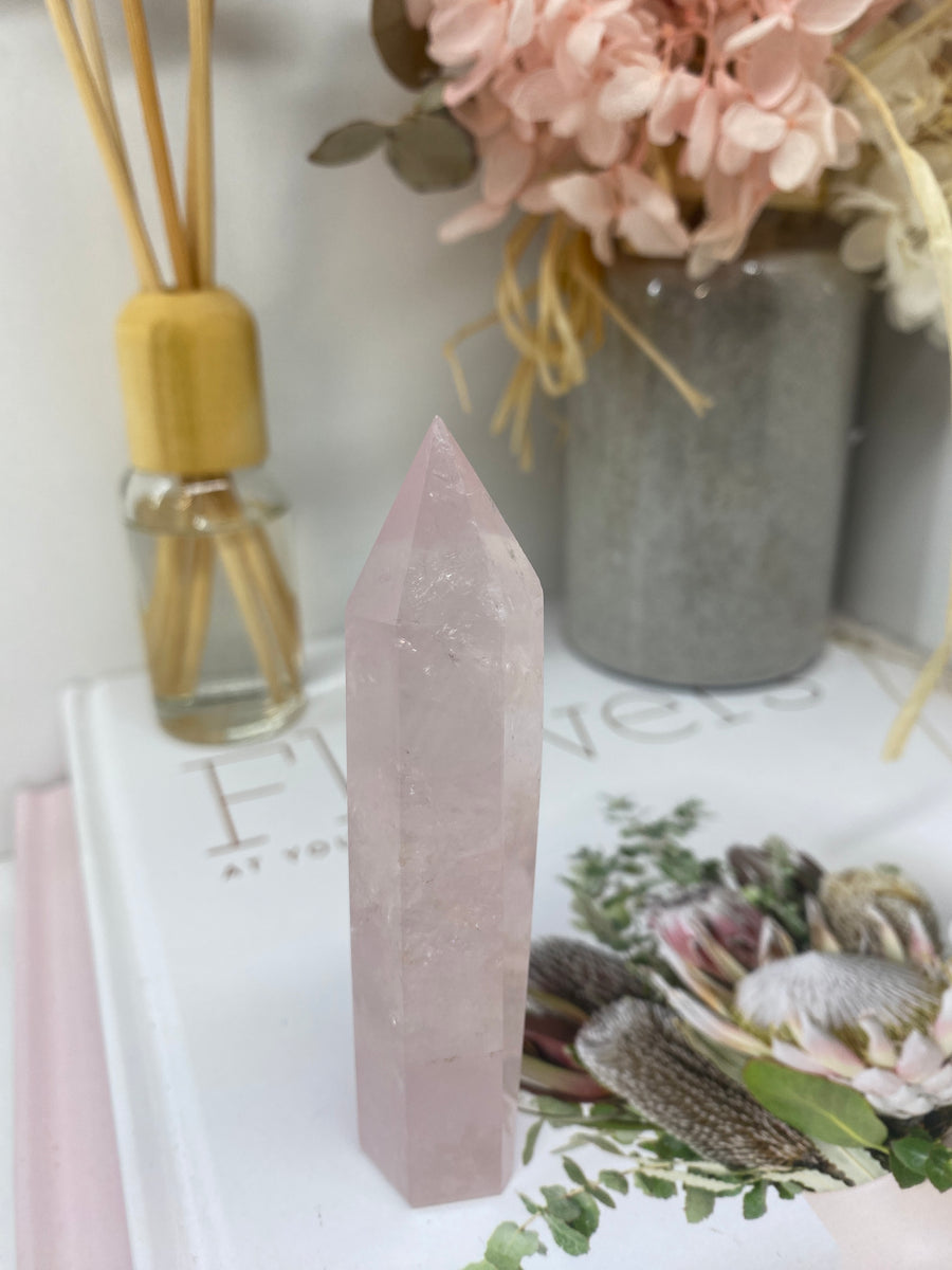 Rose Quartz single point towers – Evolving Earth Designs
